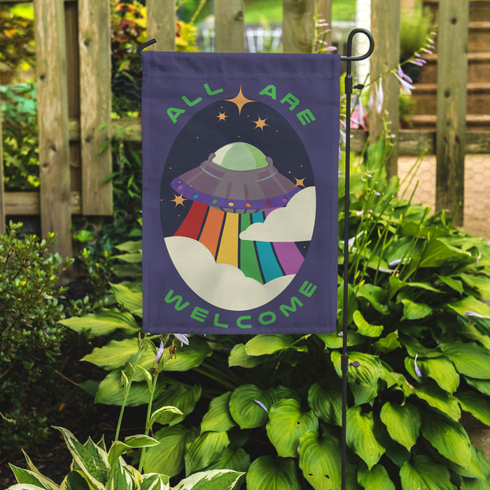 "All Are Welcome" Rainbow UFO Garden Flag | LGBTQ+ Welcome Flag