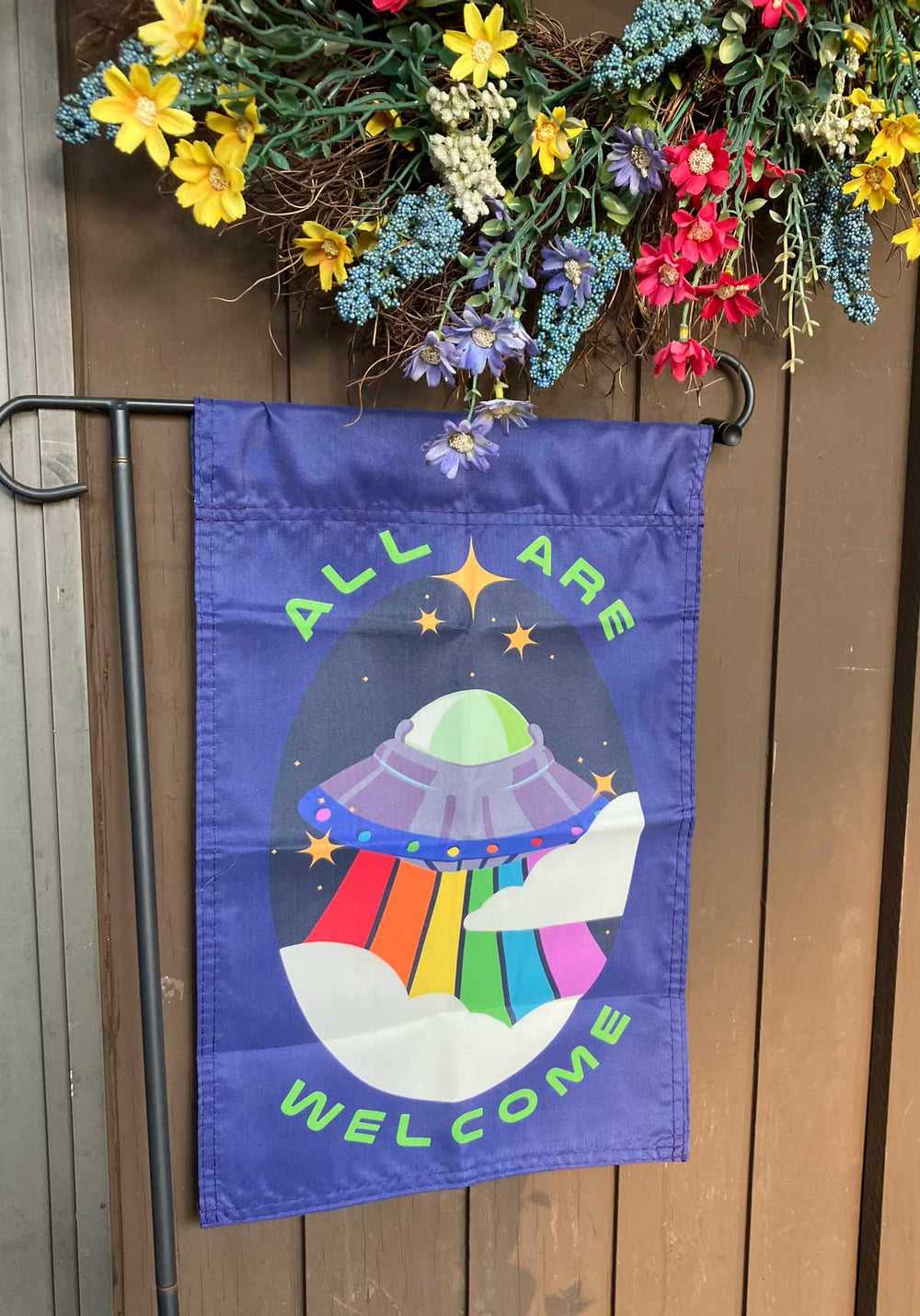 "All Are Welcome" Rainbow UFO Garden Flag | LGBTQ+ Welcome Flag